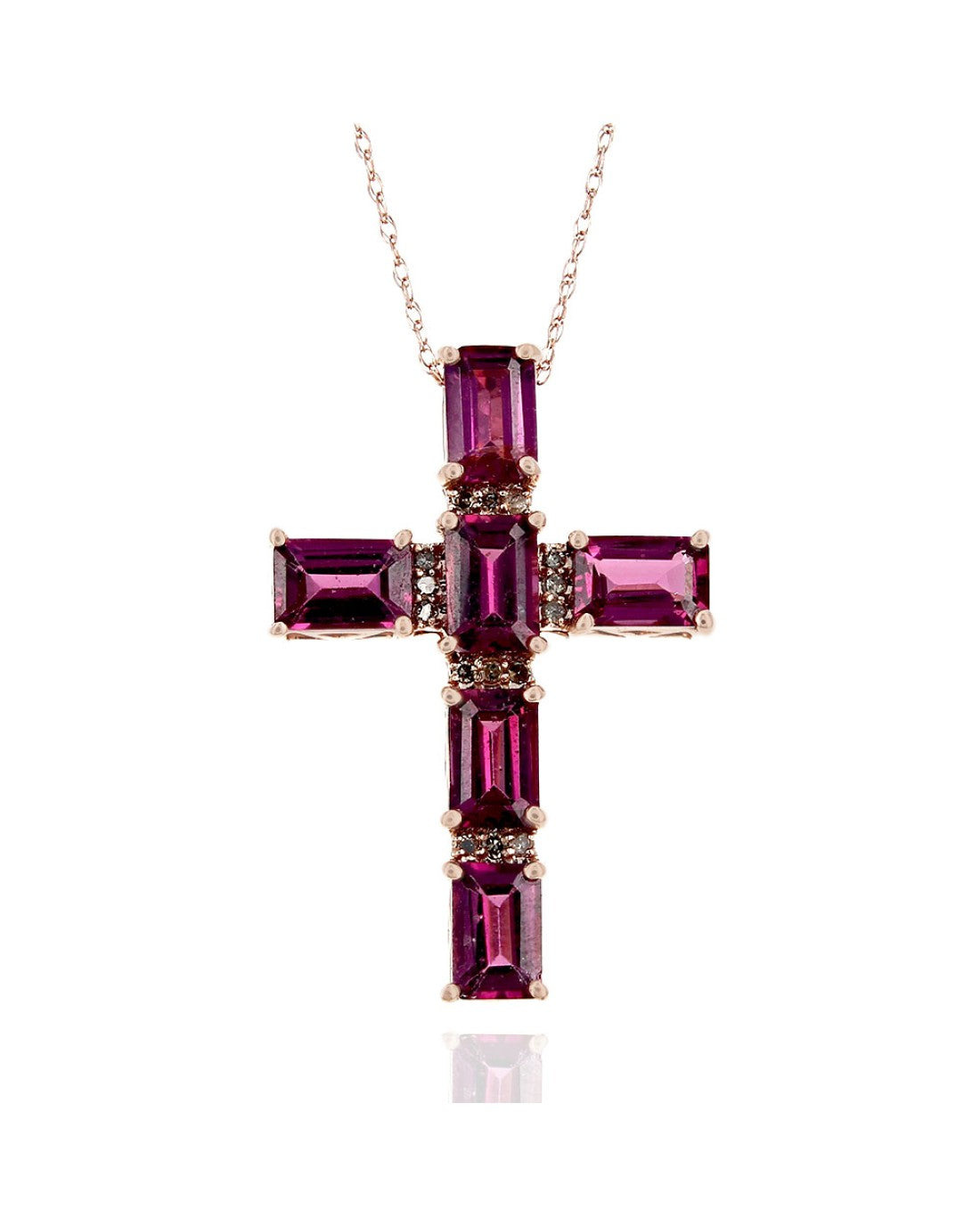 Alternating Rhodolite Garnet and Diamond Cross Necklace in Rose Gold ...