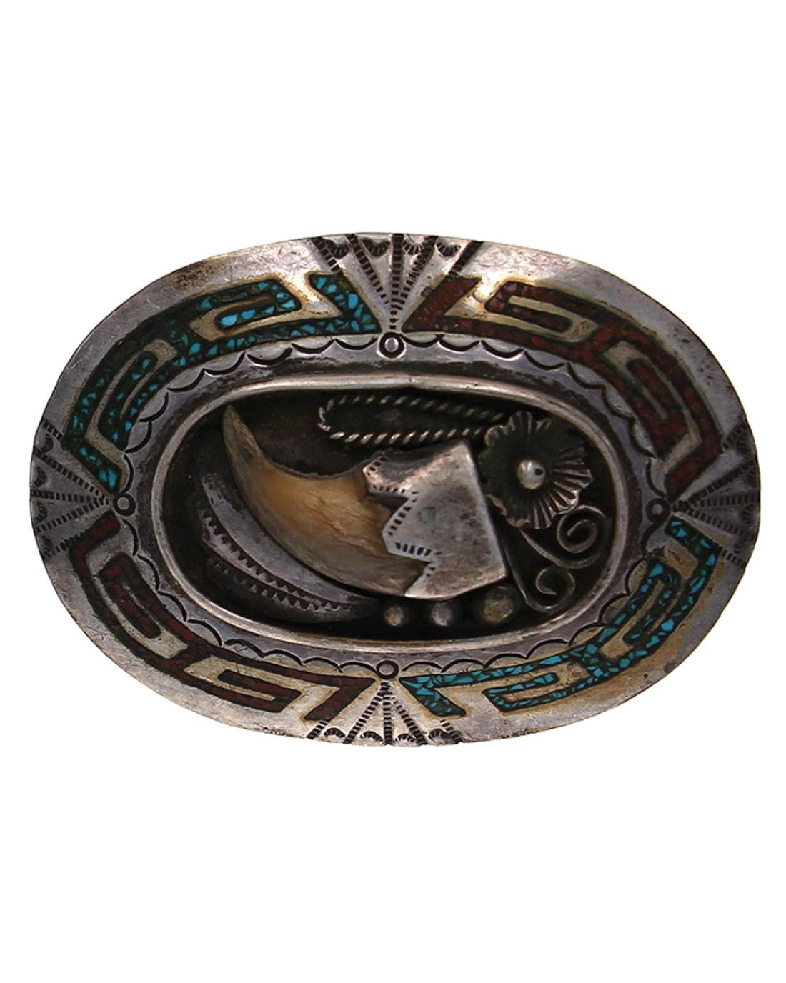 Navajo Henry Baca Sterling Silver Turquoise Coral Chip Inlay Claw Buck ...